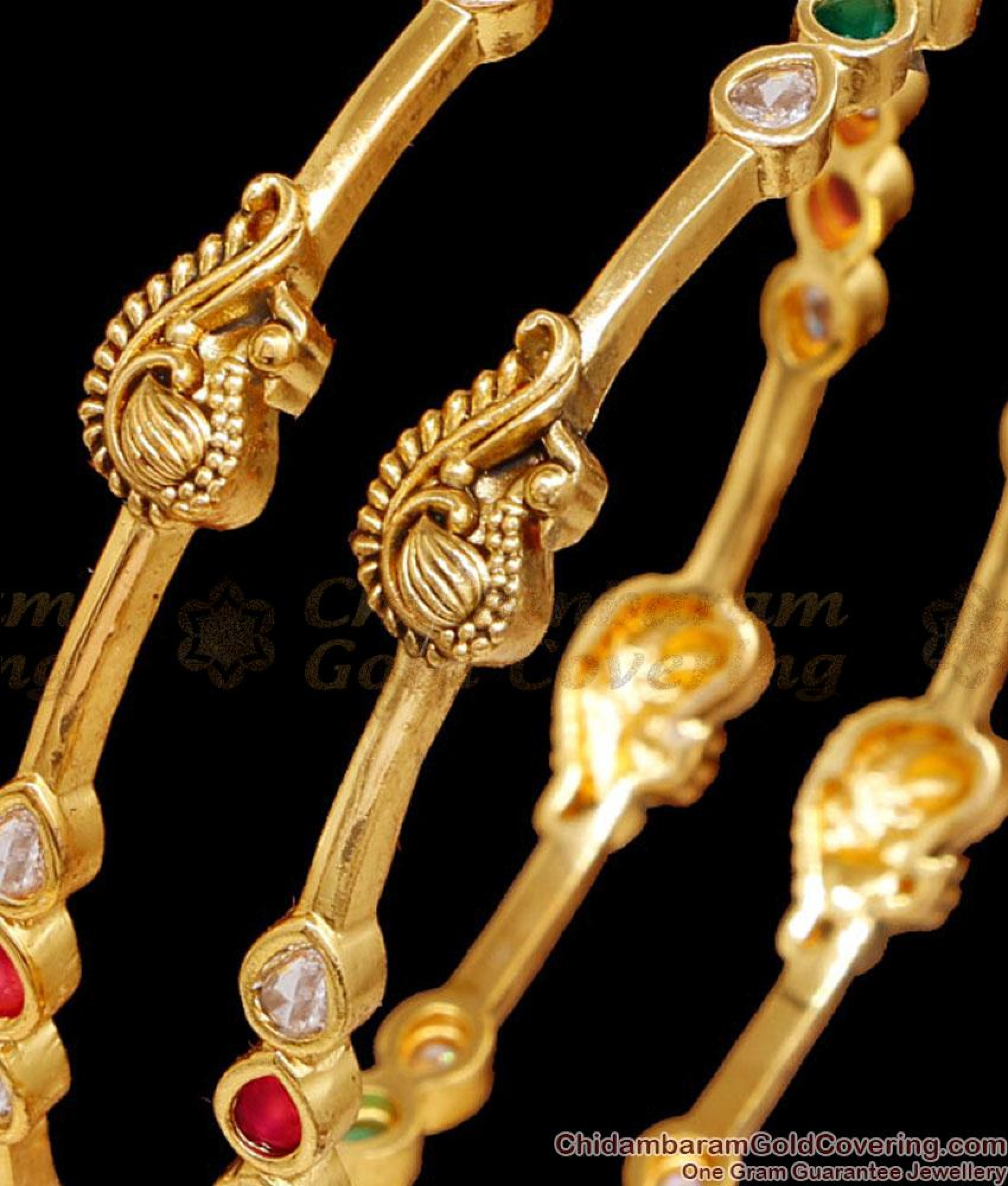 BR2530-2.4 Size High Quality True Antique Finish Gold Bangle Peacock Design