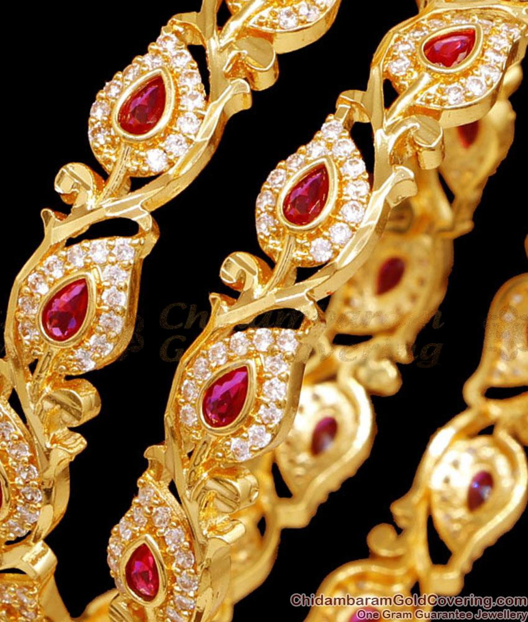 BR2534-2.4 Set Of Two Real Gold Look Ruby White Stone Bangle Leaf Design