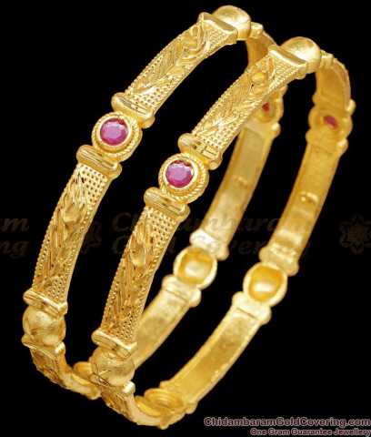 BR2553-2.4 Size New Model Forming Gold Bangle Kada Pattern With Ruby Stone