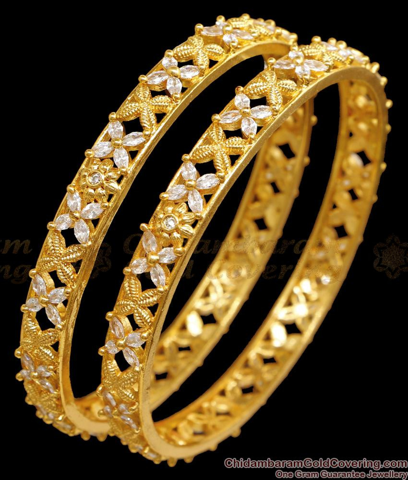 BR2585-2.10 Buy Stylish Floral Design White Stone Bangle 1 Gram Gold ...