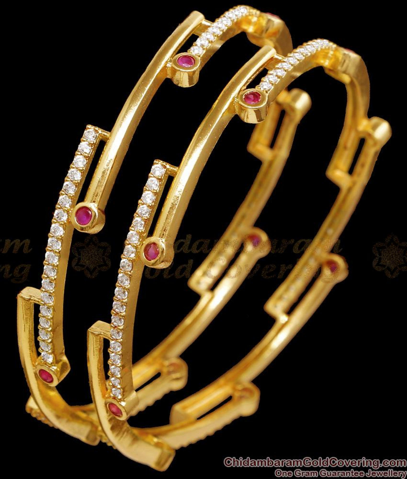 BR2588-2.6 Set Of Two New Model Gold Designer Bangle With Ruby White Stone
