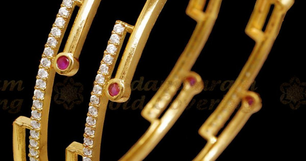 BR2588-2.6 Set Of Two New Model Gold Designer Bangle With Ruby White Stone