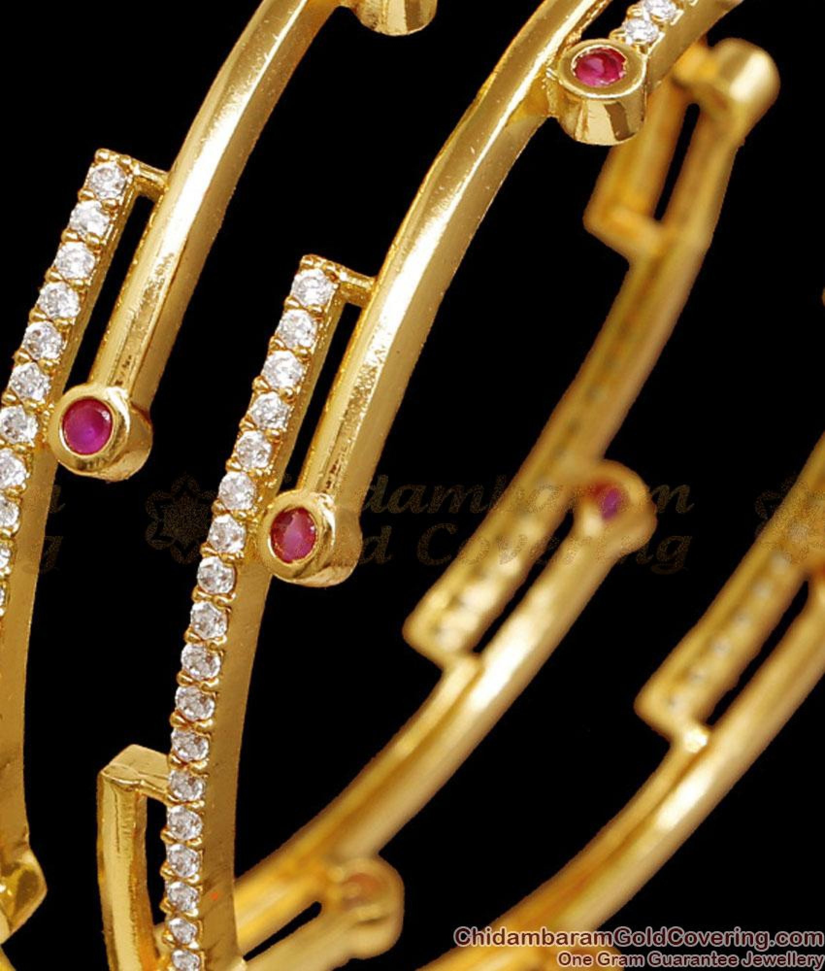 BR2588-2.4 Set Of Two New Model Gold Designer Bangle With Ruby White Stone