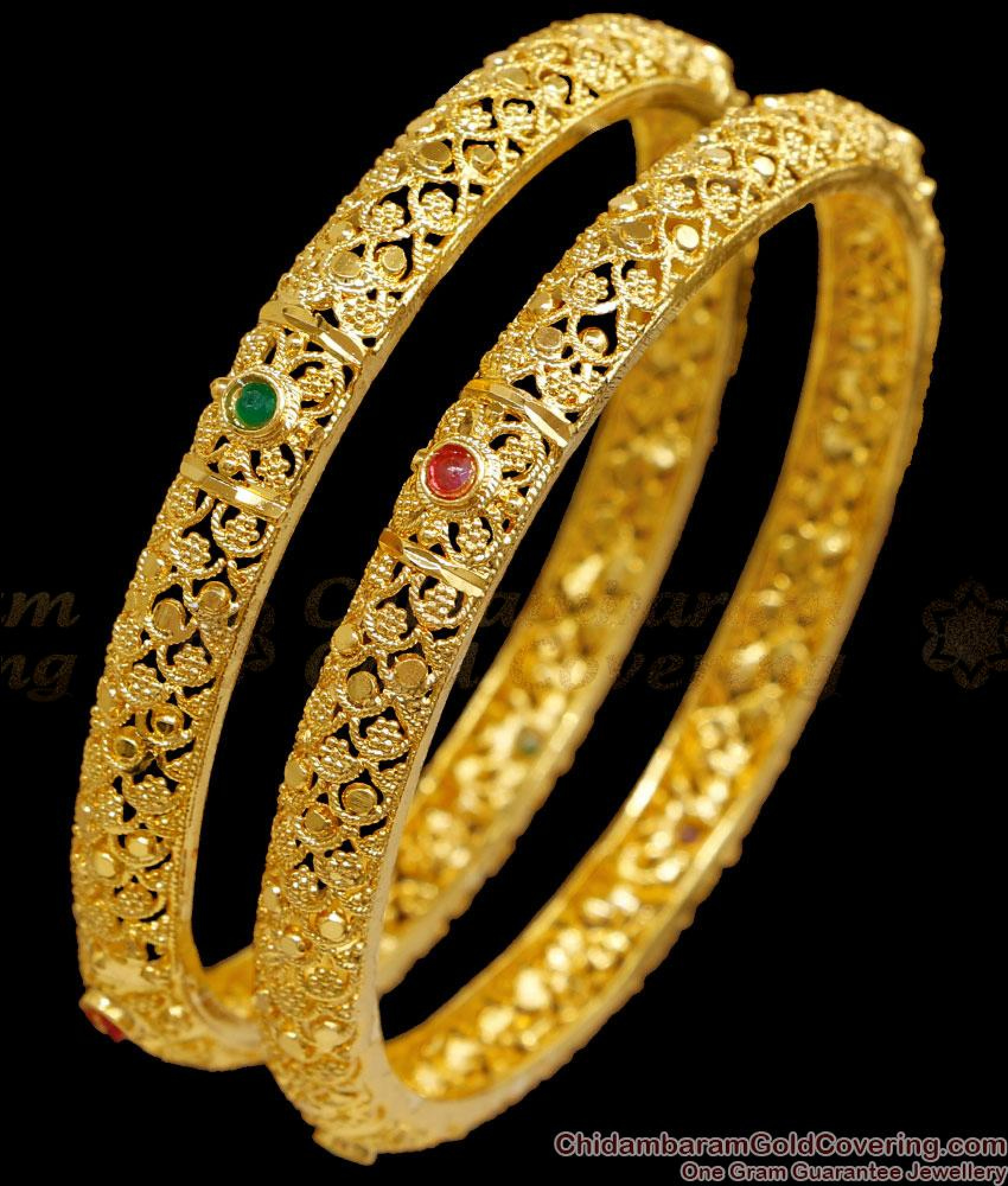 BR2622-2.4 Set Of Two Bridal 1 Gram Gold Bangle Floral Design With Stone