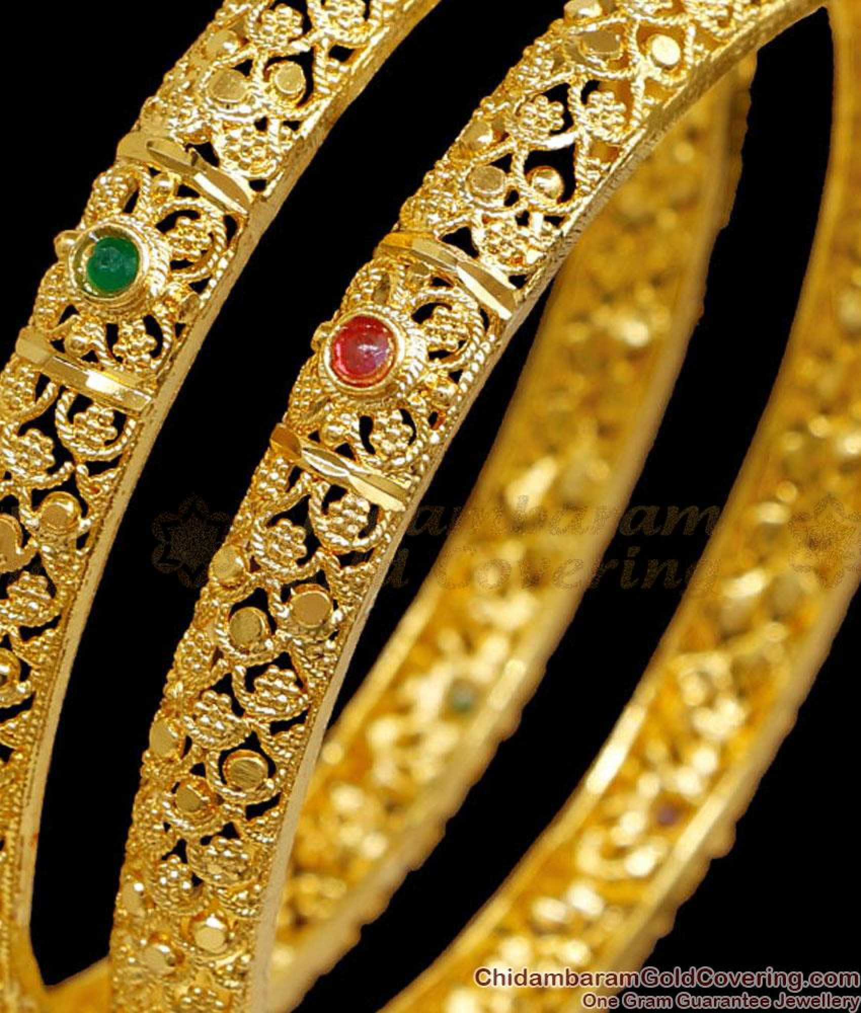 BR2622-2.4 Set Of Two Bridal 1 Gram Gold Bangle Floral Design With Stone