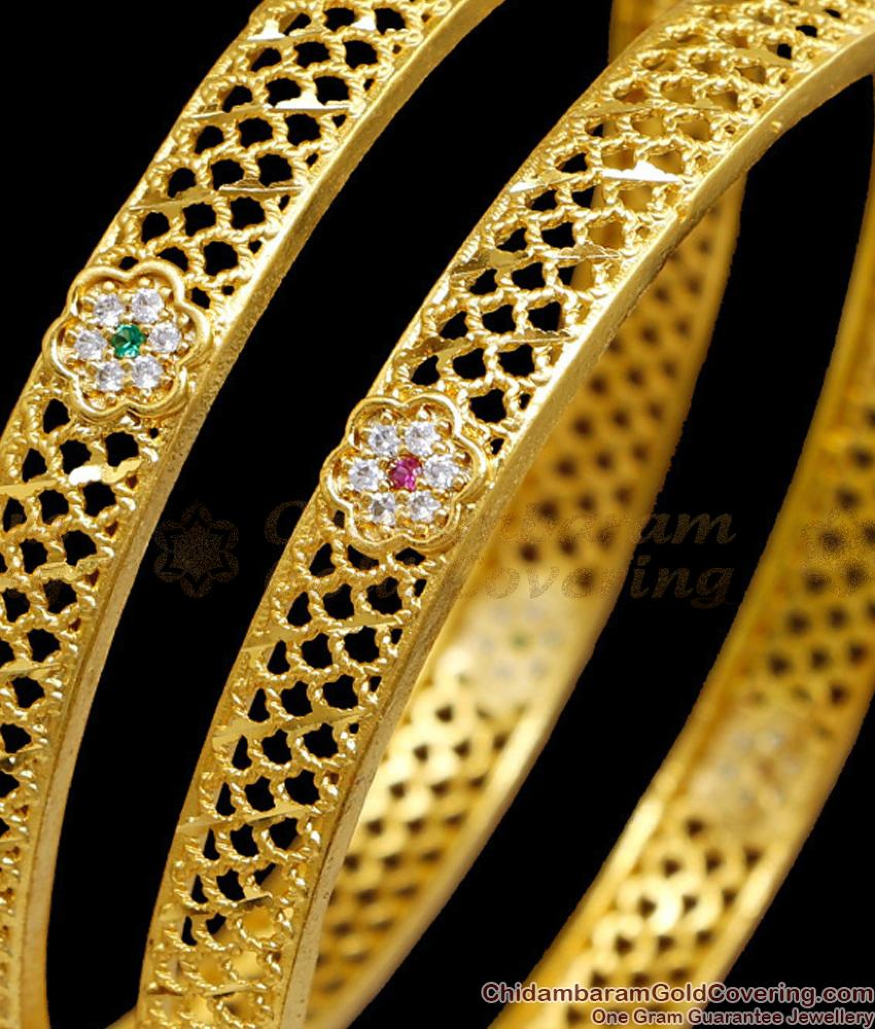 BR2629-2.4 Set Of 2 Stylish 2 Gram Gold Ad Stone Bangle Flower Design