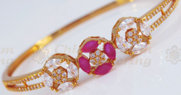 Trendy Flower Pattern Diamond Ruby Stone Gold Bracelet BRAC527