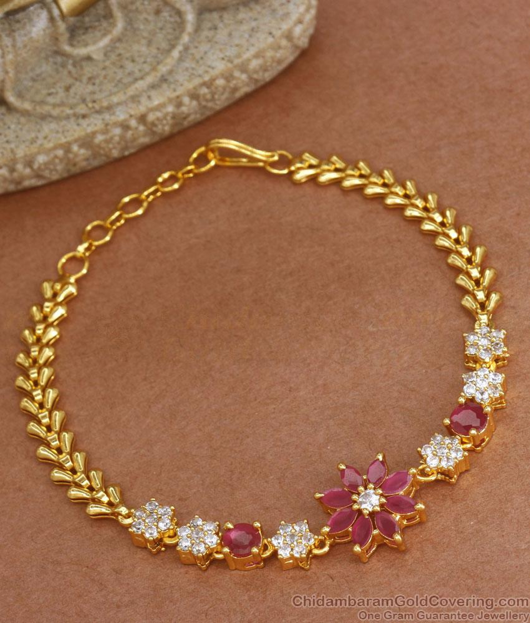 Beautiful Gold Plated Bracelet Ruby Floral Design BRAC762