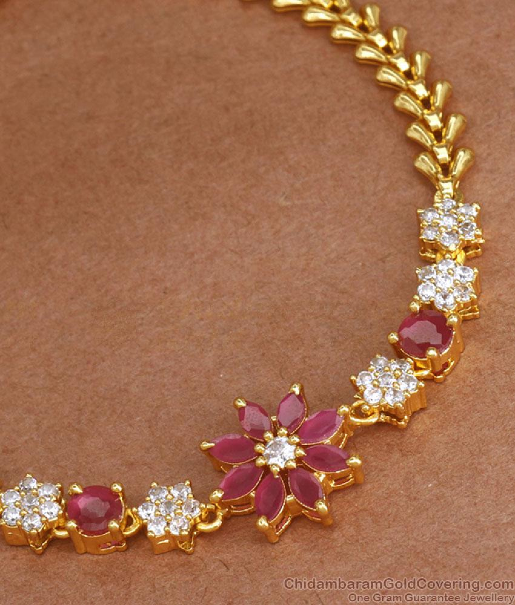 Beautiful Gold Plated Bracelet Ruby Floral Design BRAC762