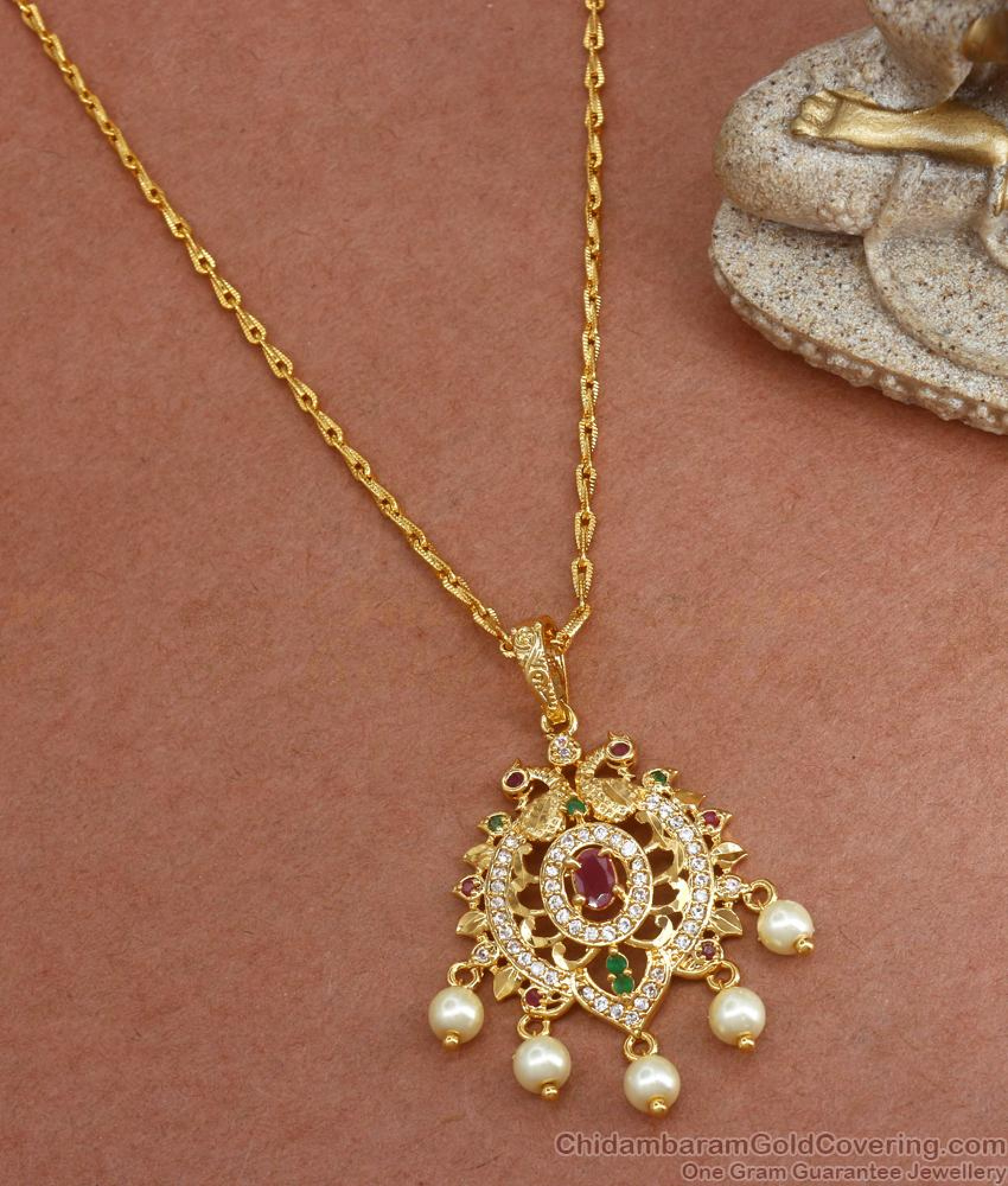 CZ Peacock Design Gold Imitation Dollar Chain Hanging Pearls ...