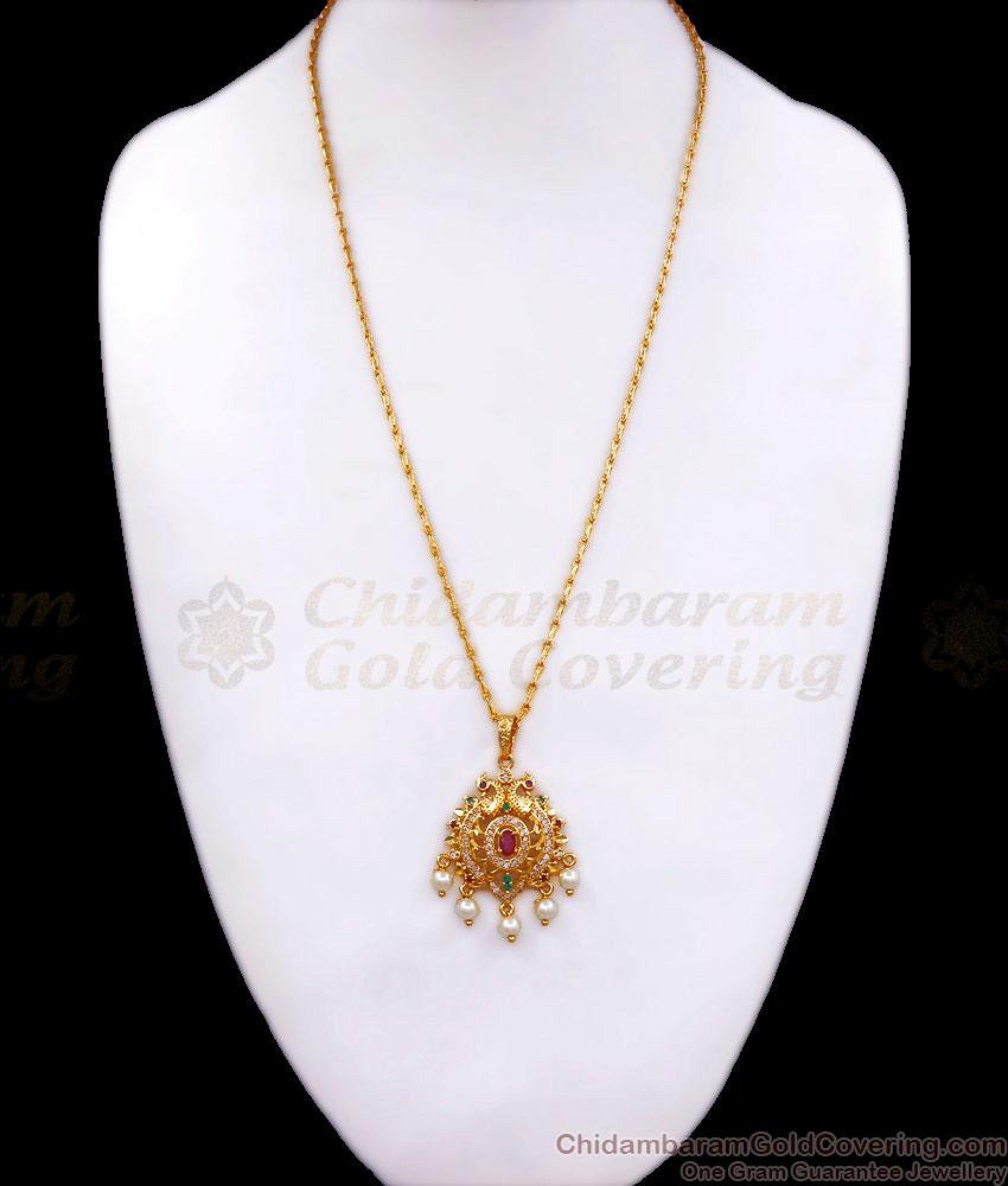 CZ Peacock Design Gold Imitation Dollar Chain Hanging Pearls ...