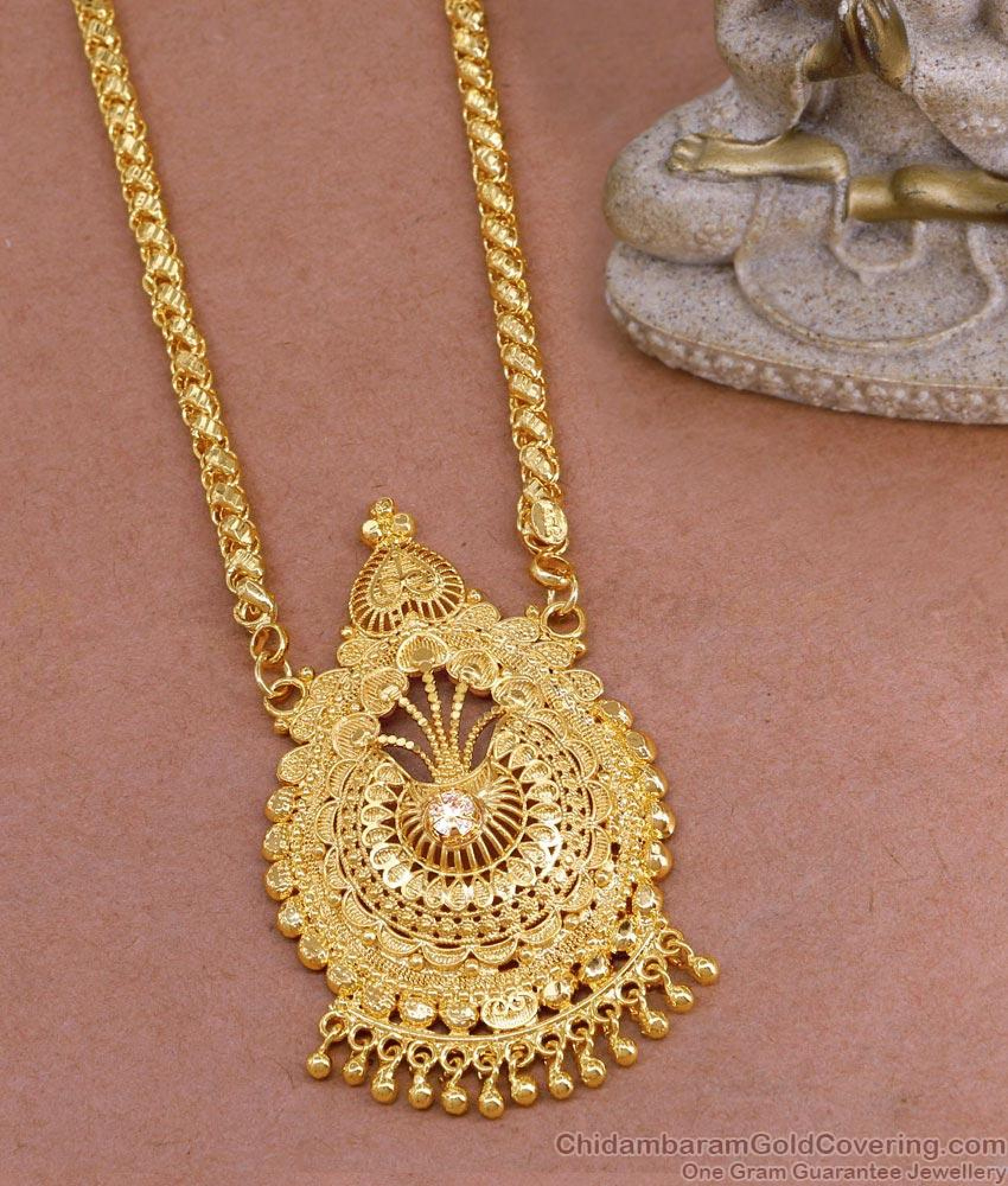 Buy Real Gold Tone Big Gold Pendant White Stone Design With Chain BGDR1401