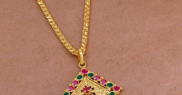 Elegant Ruby Green Stone Medium Size Pendant Gold Chain BGDR1404