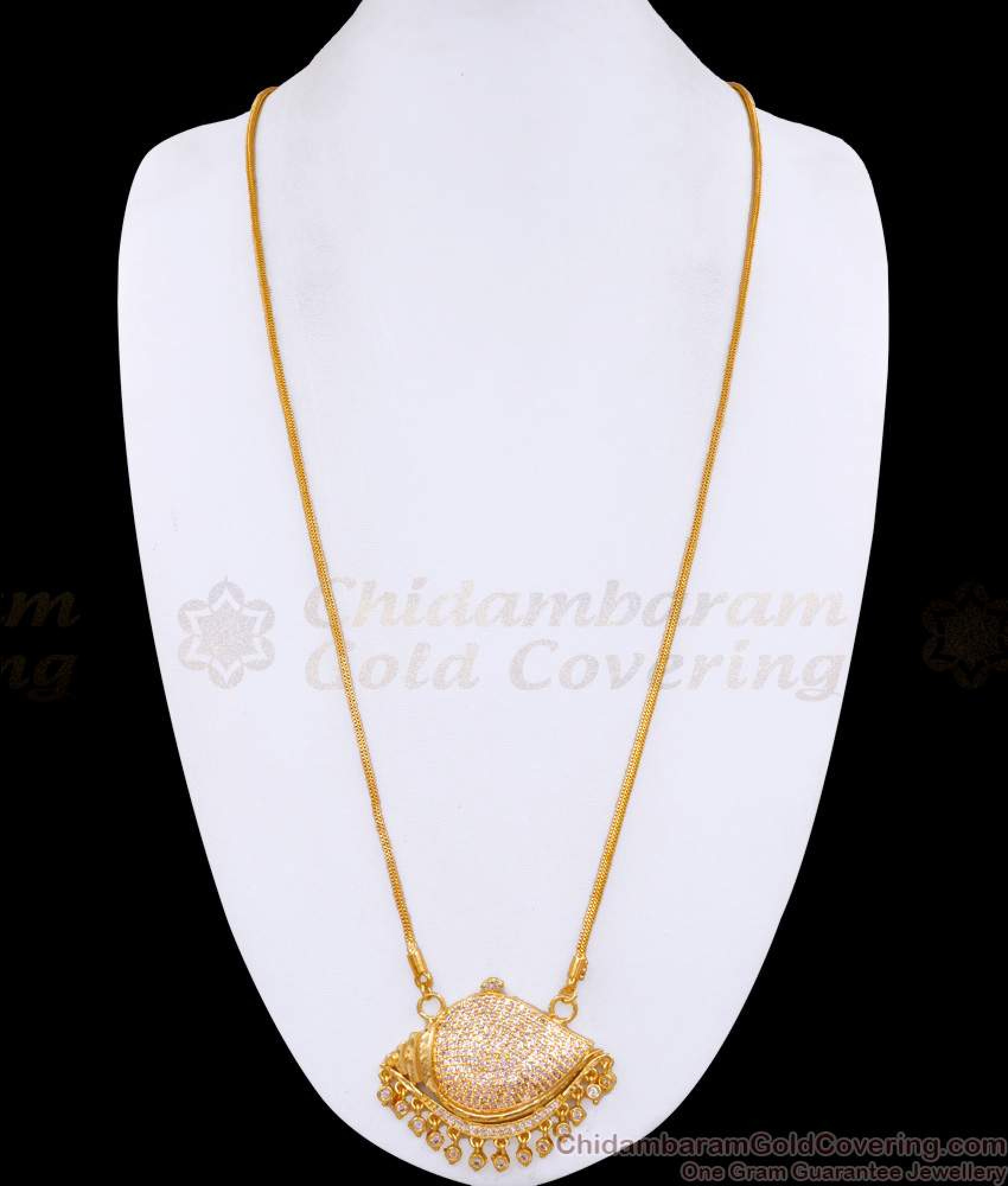 30 Inch Long Gold Imitation Sangu Dollar White Stone Design With Thin ...