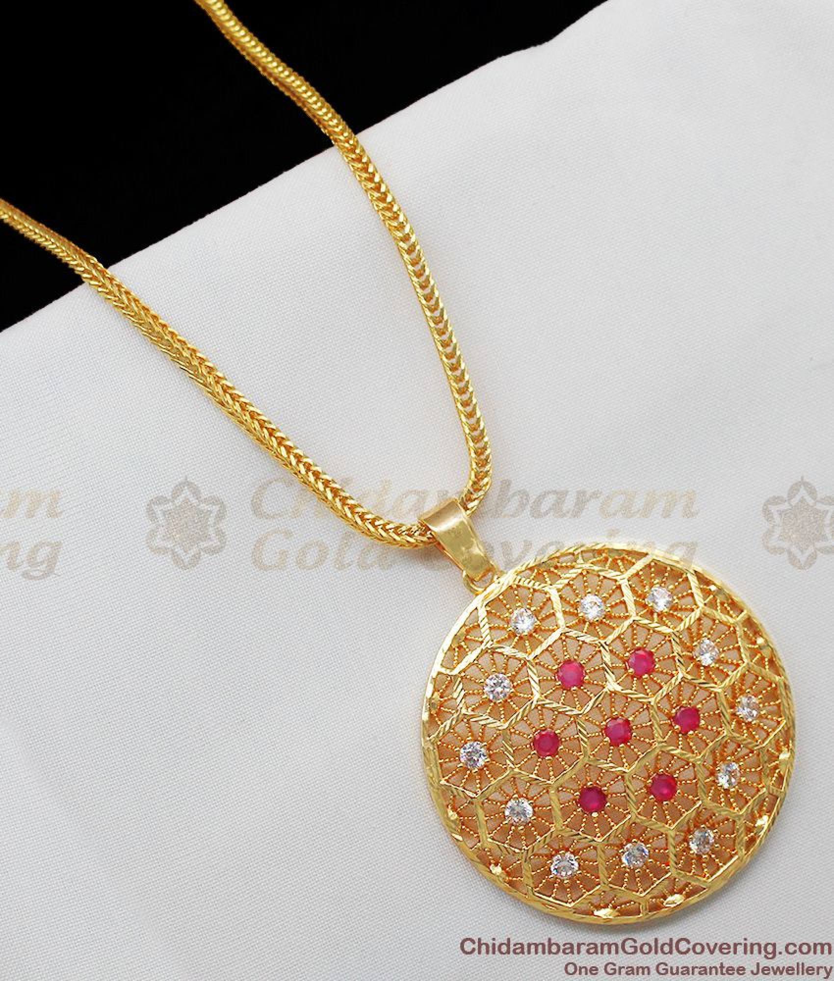 Artistic Big Circle Pink And White Multi Stone Gold Plated Dollar Chain ...