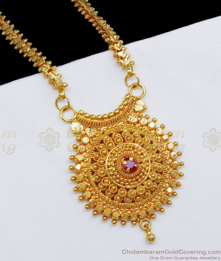 Single Ruby Stone One Gram Gold Dollar Chain For Ladies Daily Wear BGDR658