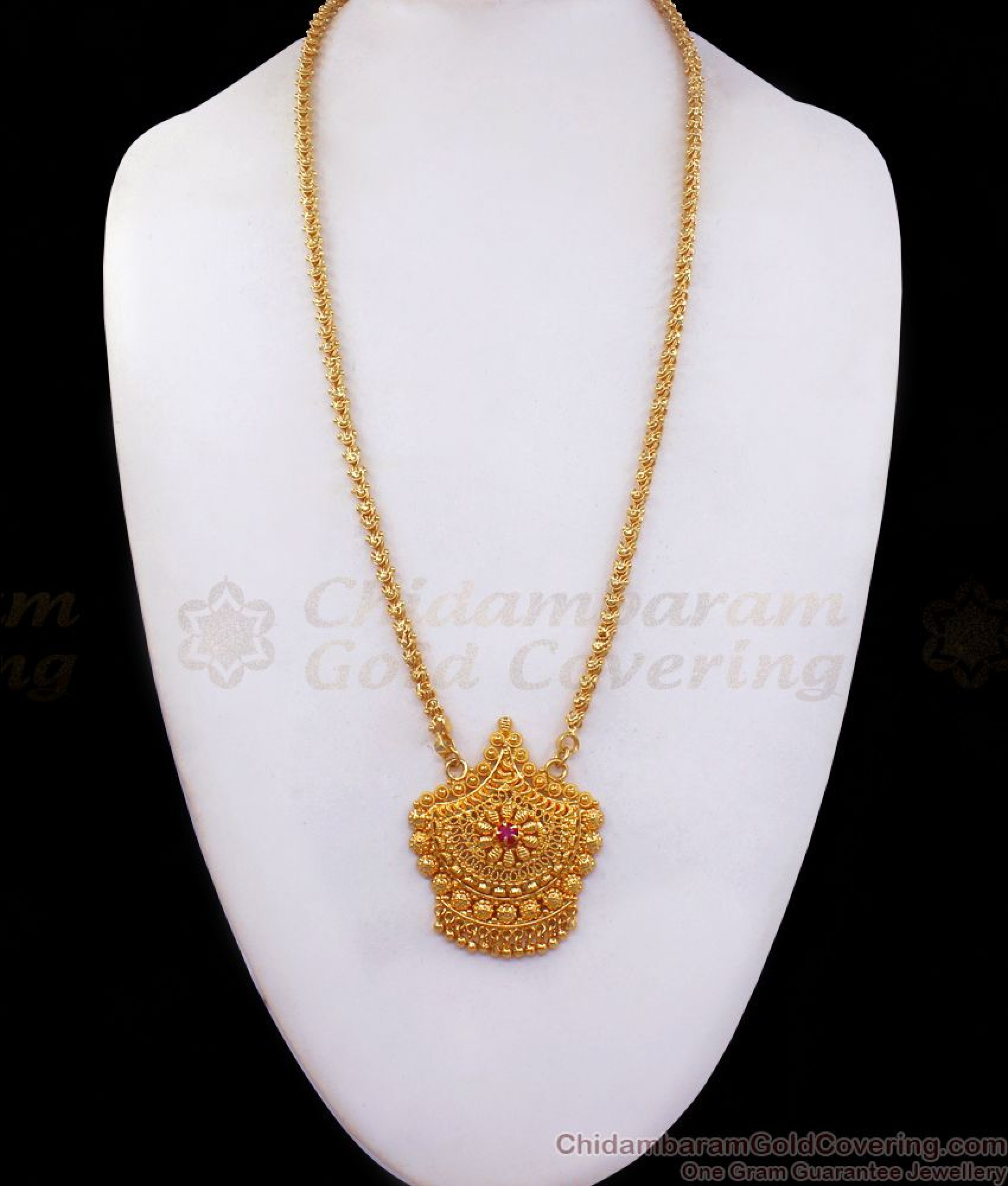 One Gram Gold Dollar Chain Chandabali Single Ruby Stone Design BGDR844