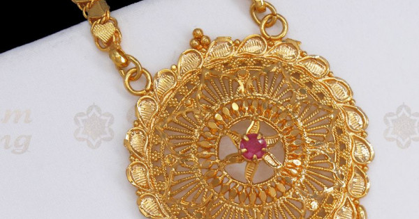 Simple Gold Plated Dollar Ruby Stone With Heart Chain BGDR889