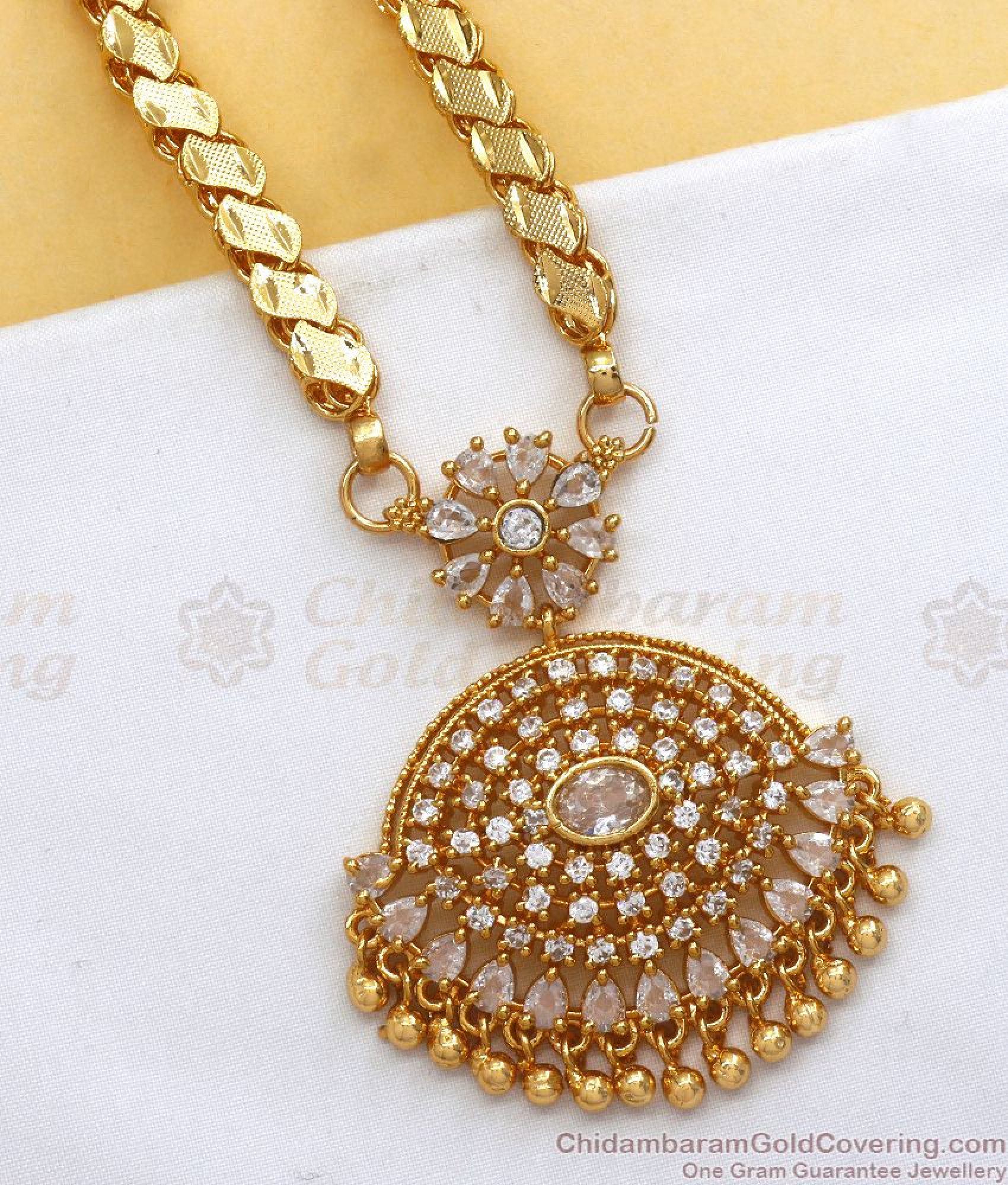 30 Inches Long Full White Stone Gold Dollar Chain With Hanging Beads ...