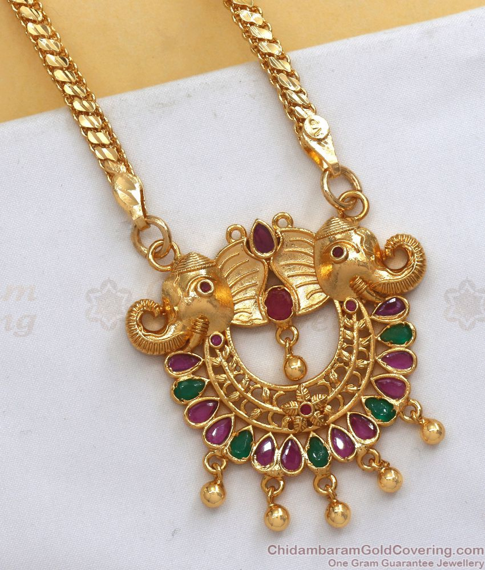 30 Inches Long Multi Kemp Stone Gold Vinayagar Dollar Chain Elephant ...