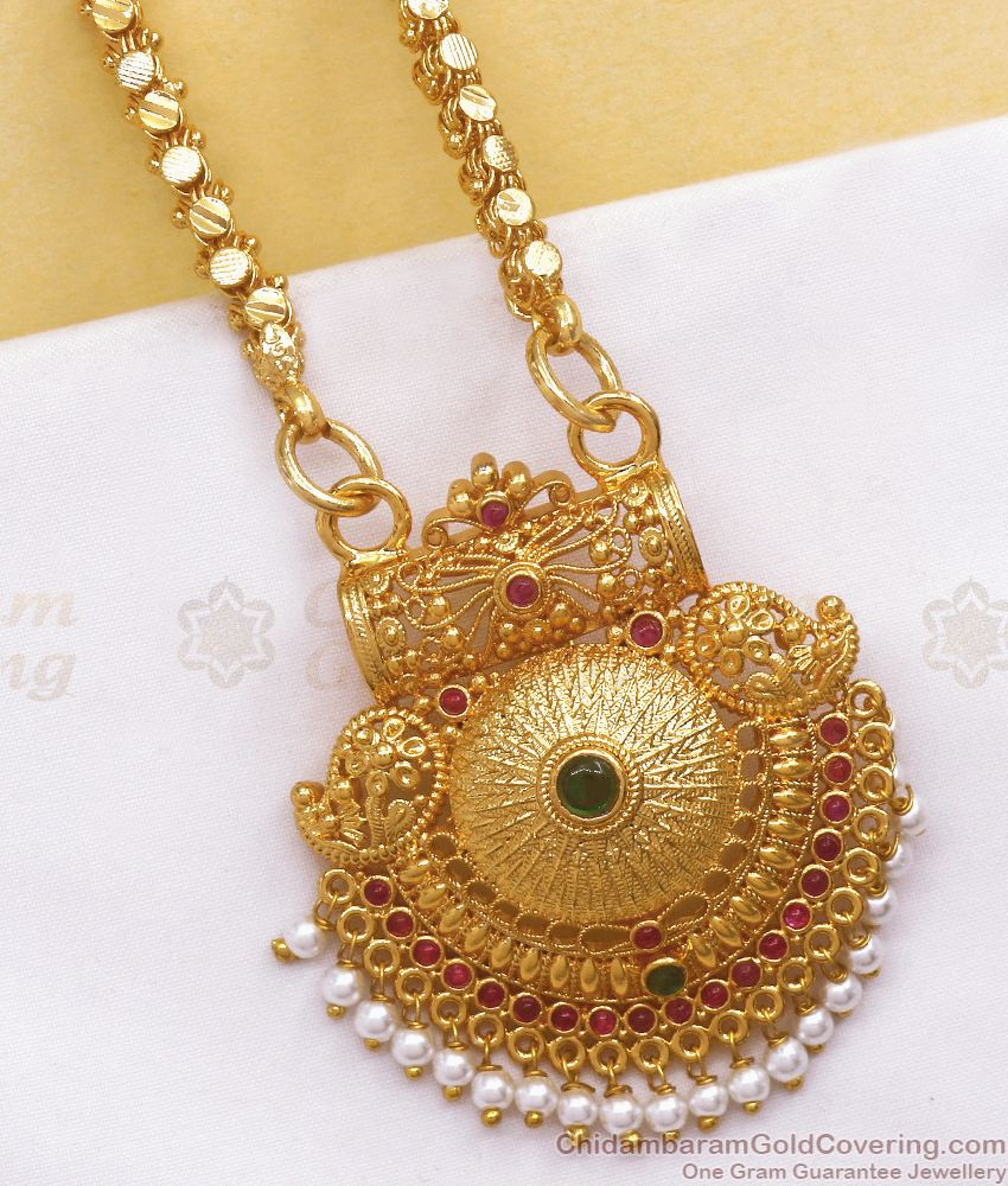 Buy Traditional Mango Design Gold Dollar Chain With White Pearls BGDR958