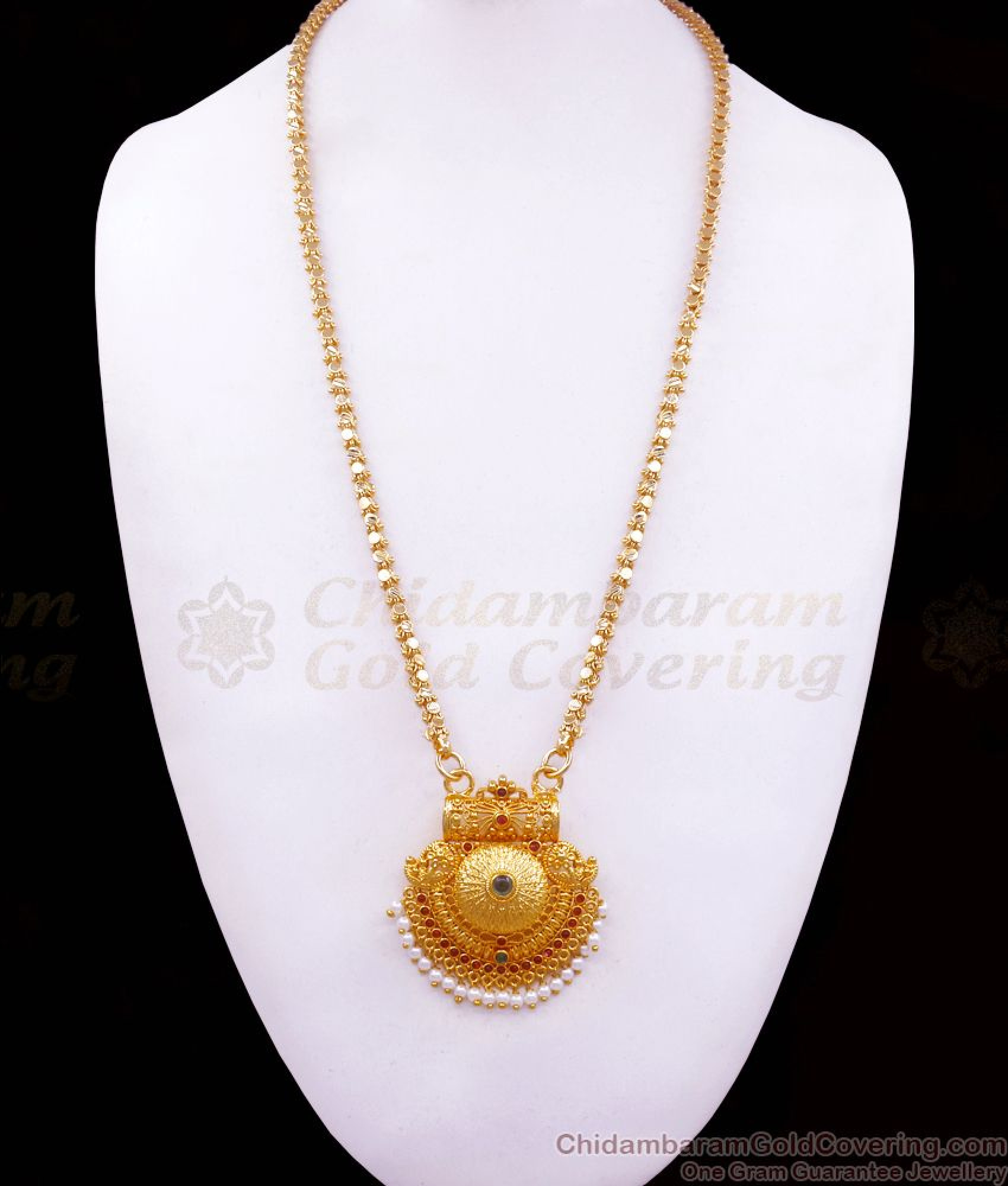 Buy Traditional Mango Design Gold Dollar Chain With White Pearls BGDR958