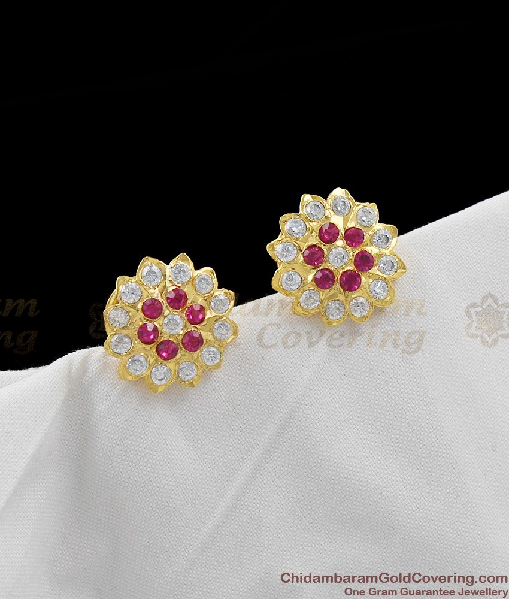 Impon Flower Stud Gold Pink And White Stone Earring Collections ER1082 Impon Flower Stud Gold Pink And White Stone Earring Collections ER1082