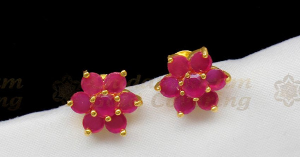 Trendy Ruby Stone Flower Design Gold Earrings For Girls Stud Model ER1303