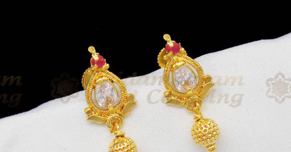 Beautiful AD White Crystal And Ruby Stone Gold Plated Studs With Ball ...