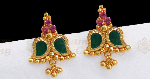 Double Leaf Kerala Palaka Stone Stud Gold Earrings Party Wear ER2680