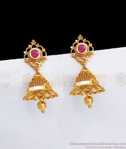 Trendy Bridal Wear Gold Imitation Jhumki Red Crystal ER2954