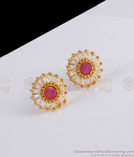 Small Stud Ruby White Stone Gold Earrings For Daily Wear ER2658
