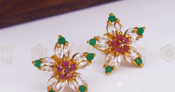 Star Shaped Gold Imitation Stud Earring White Green Stone ER3090