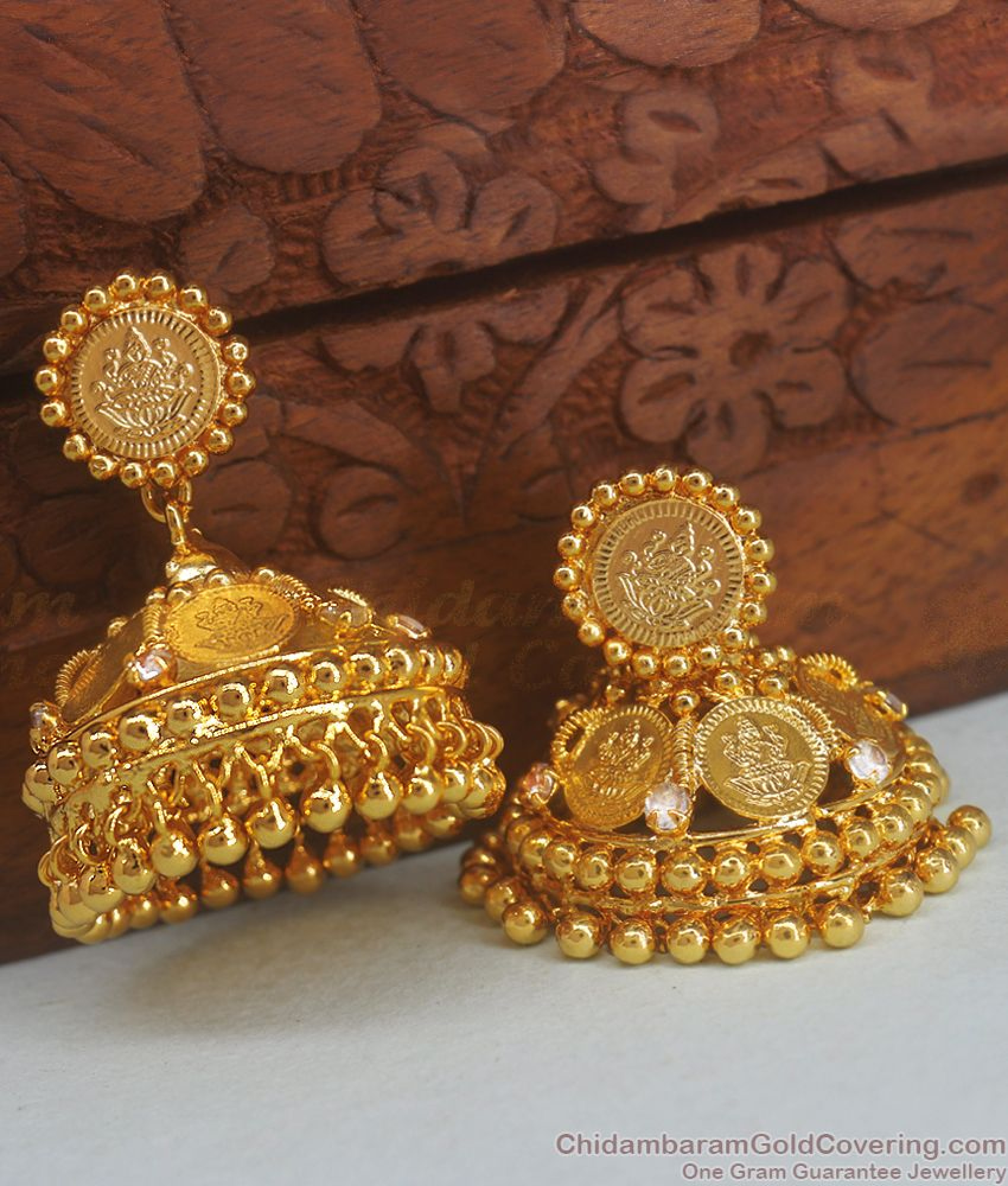 Elegant White Stone Lakshmi Kasu Jhumkas Design ER3128