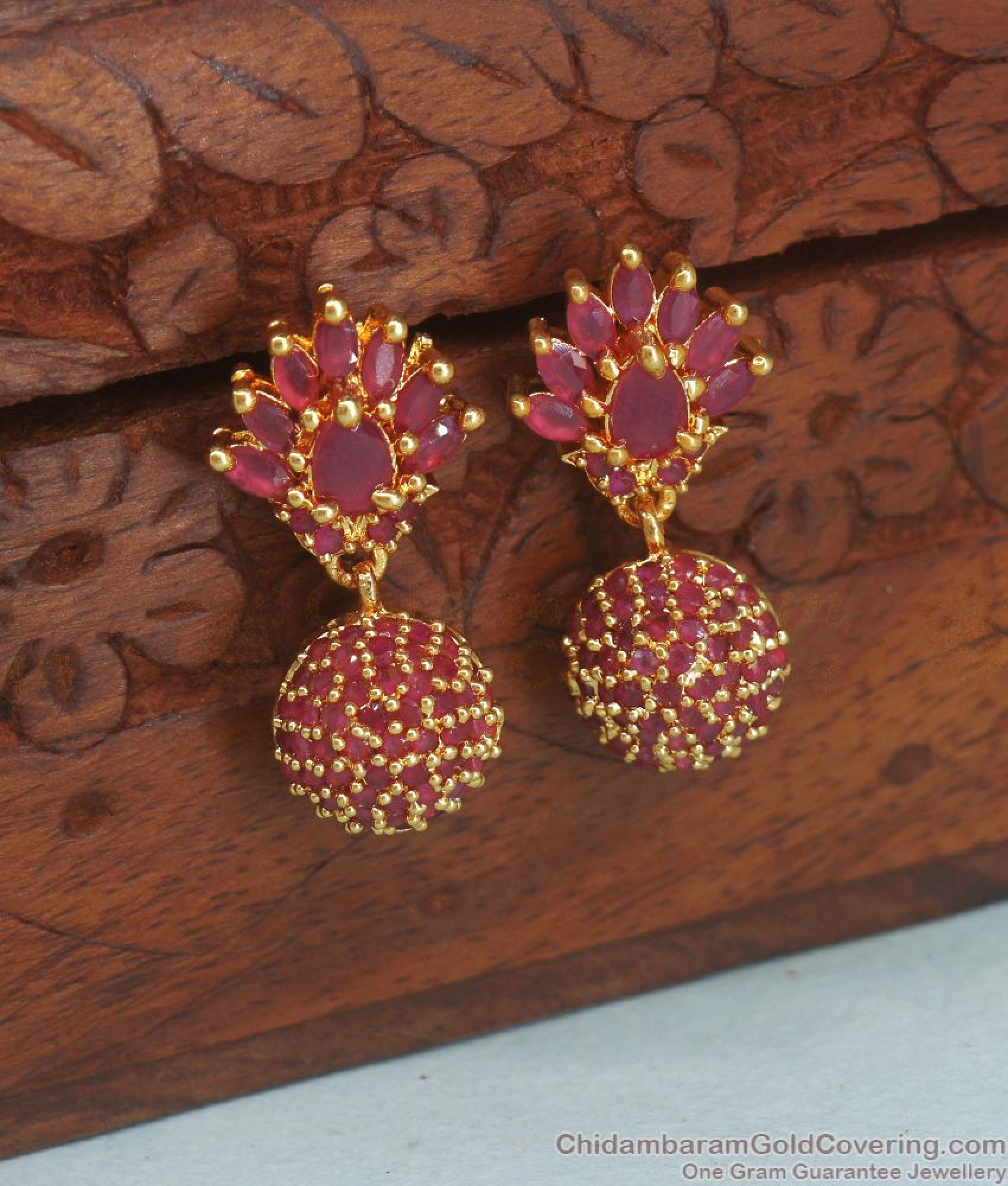 Full Ruby Stone Gold Plated Stud Earring Ball Design ER3241
