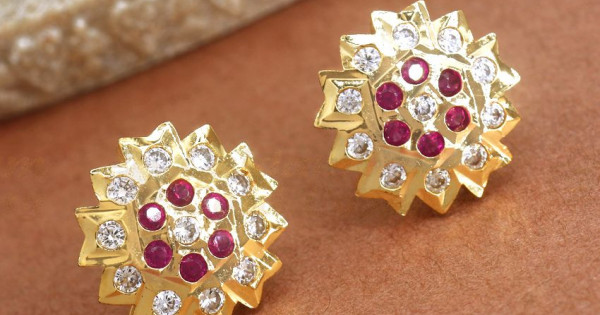 Traditional Impon Big Stud Earring Ruby White Stone ER3429