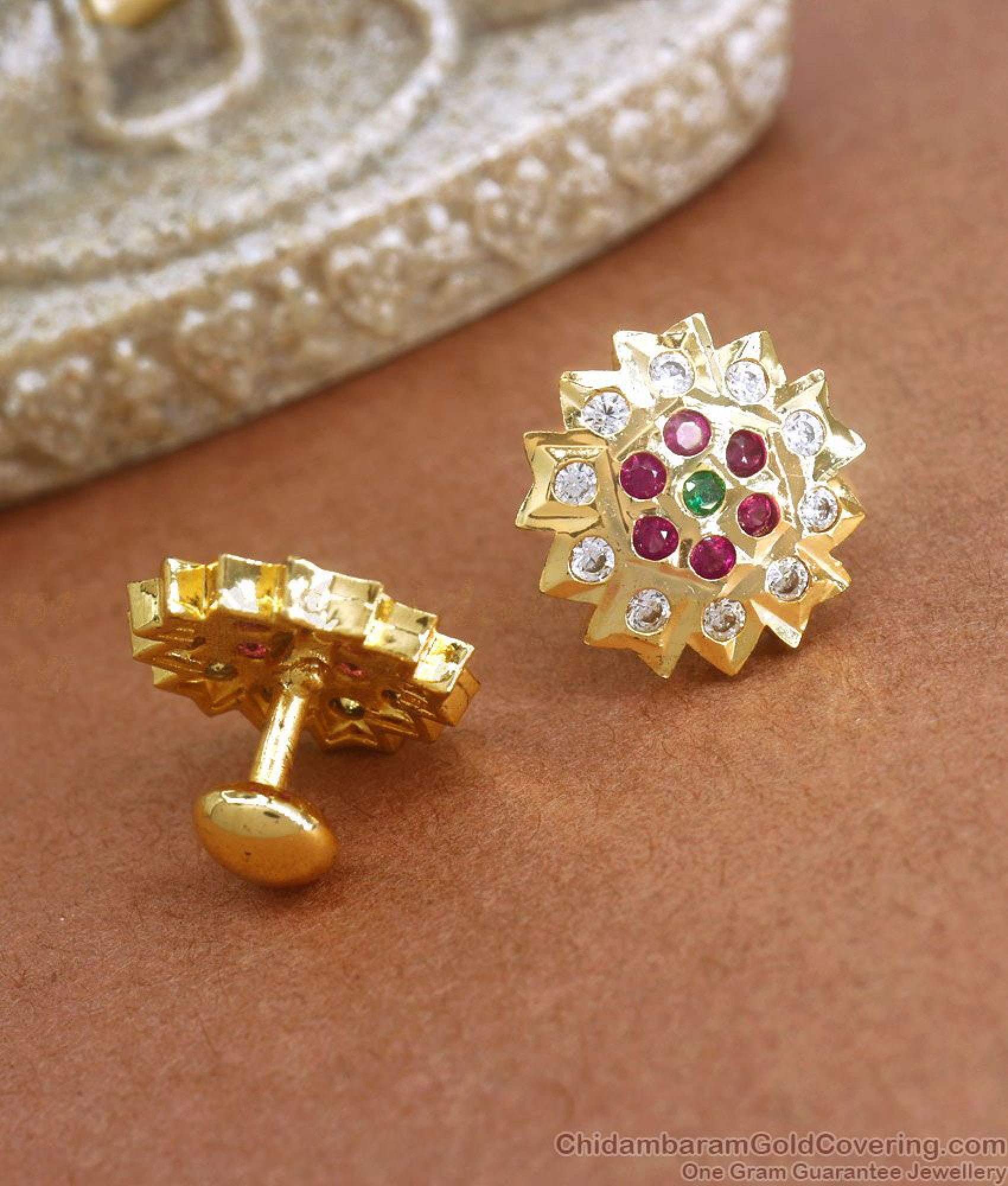 Real Impon Gold Big Stud Earring Emerald Stone Collections ER3430 Real Impon Gold Big Stud Earring Emerald Stone Collections ER3430