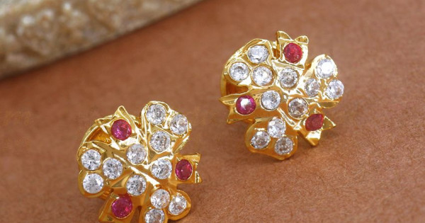Unique Impon Stud Earring Ruby White Stone Design ER3436