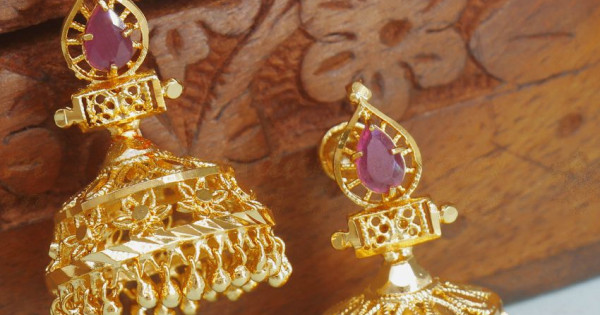 Ruby Stone Gold Plated Jhumka Floral Design ER3460
