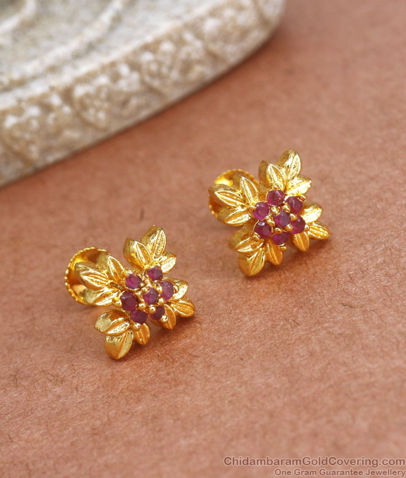 1 Gram Gold Stud With Ruby Stone Flower Design ER3490