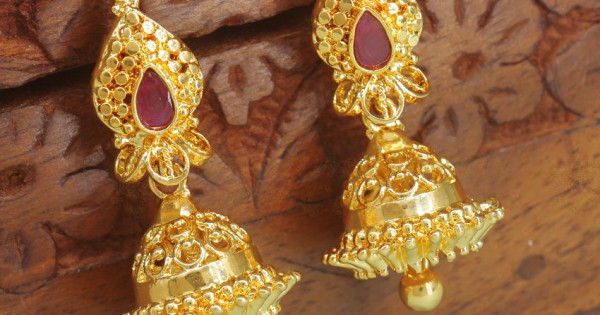 Latest Gold Gopura Jhumki Earring Ruby Stone Pattern ER3572