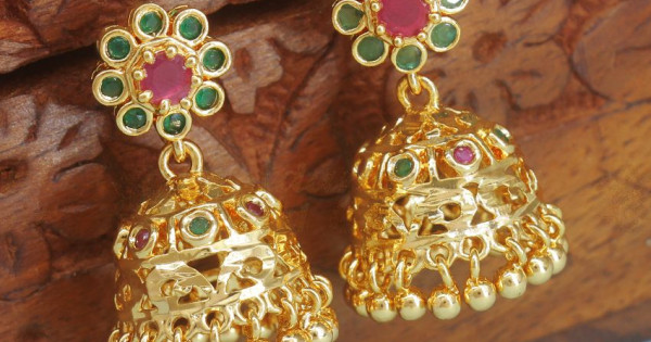 South Indian Gold Plated Jhumki Earring Ruby Green Stone ER3576