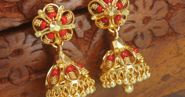 Ruby Coral Stone 1 Gram Gold Jhumki Earrings Shop Online ER3708