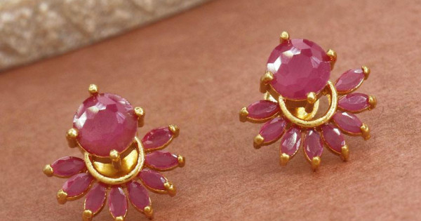Full Ruby Stone Gold Imitation Earrings Floral Studs Collections ER3764
