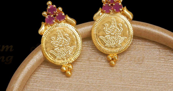 1 Gram Gold Lakshmi Coin Studs With Ruby Stones ER3805