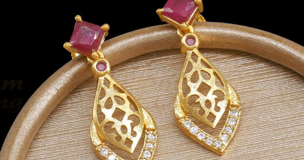 Arabic Pattern Gold Earrings Ruby Stone Danglers Office Wear ER3882