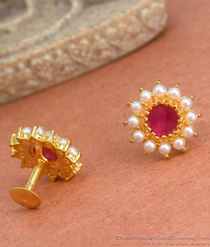 South Indian Visiri Thodu Style Gold Studs White Pearls ER2868