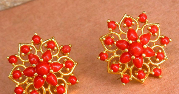 Traditional Red Pavalam Gold Stud Earrings Shop Online ER3994
