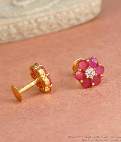 Single Ruby Stone Gold Plated Stud Earrings ER4188