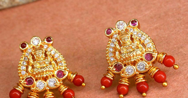 Divine One Gram Gold Ear Studs With Coral Stone ER4234